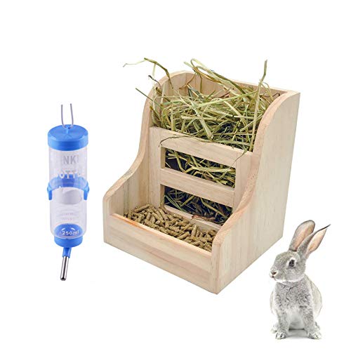 Rabbit Hay Feeder Rack,Wooden Grass Bin,Food Feeding Rack,Bunny Water Bottles Dispenser for Small Animal Supplies Rabbit Chinchillas Guinea Pig (2 Pcs)