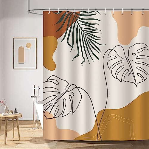 Bonhause Abstract Boho Leaf Shower Curtain Mid Century Modern Minimalist Art Decorative Bath Curtain 72 x 72 Inch Polyester Fabric Waterproof Bathroom Curtain with 12 Hooks