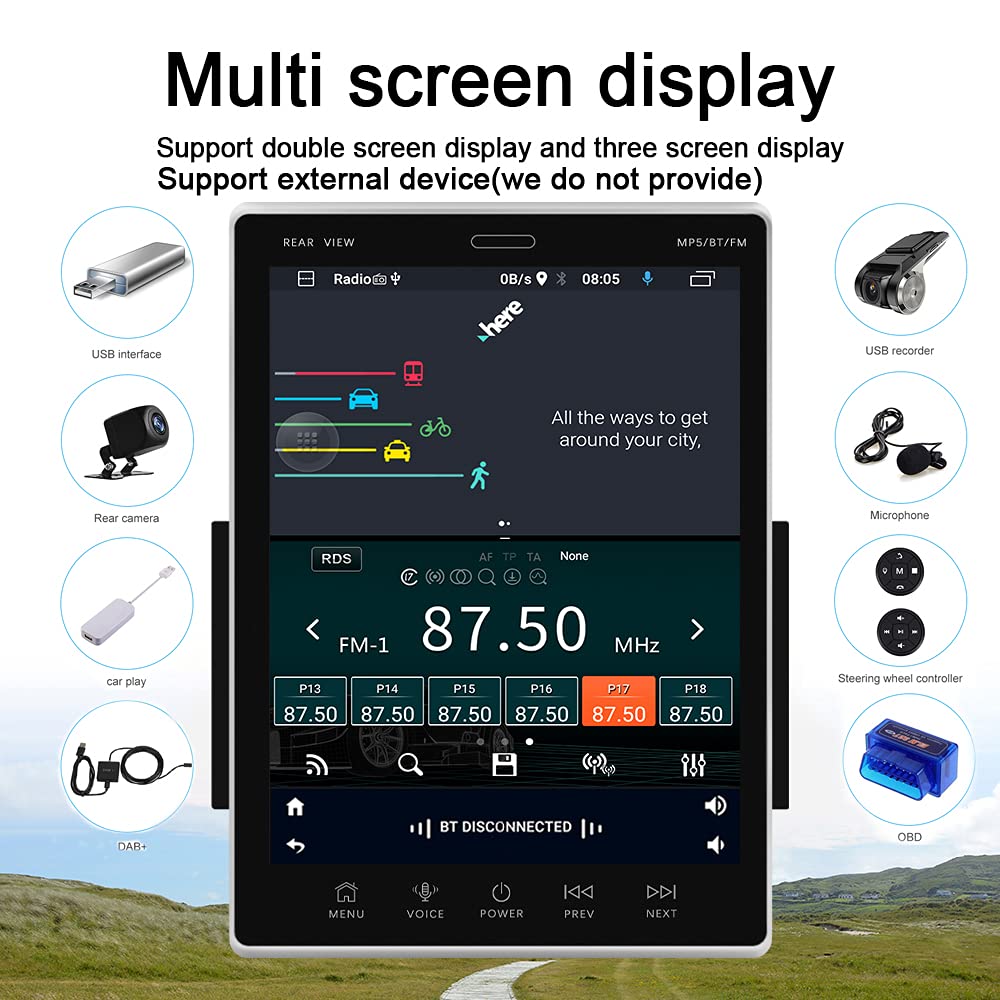 2GB 32GB Android Car Stereo Double Din 9.5'' HD Moving Vertical Touch Screen in Dash Car Radio GPS Navigation Bluetooth, Multi Screen Display, Mirror Link, WiFi, SWC, USB, Rear Camera 2 Din Radio