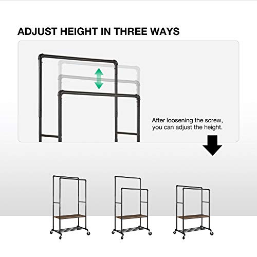 GREENSTELL Clothes Rack with Shelves, Industrial Pipe Style Rolling Garment Rack, Heavy Duty Double Rods Clothes Hanging Rack, Adjustable Height Durable Coat Rack for Organizing Clothes and Shoes