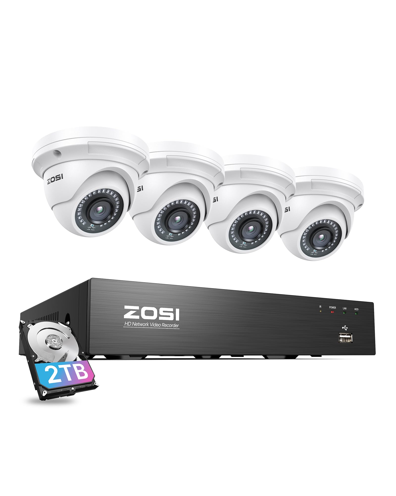 ZOSI 8CH 4K PoE Home Security Camera System with 2TB Hard Drive,4pcs 3K 5MP Indoor Outdoor IP Dome Cameras,Night Vision,Motion Detection,Remote Access,8 Ports 16CH 8MP NVR Recorder for 24/7 Recording