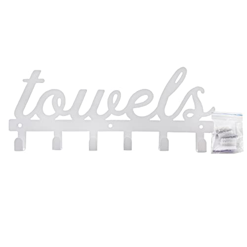 AuldHome White Towel Hanger w/ 6 Hooks, Farmhouse Style Towel Hanger Hooks for Wall/Door Mounted