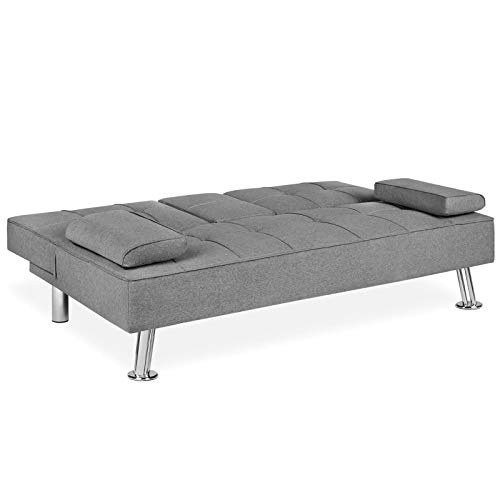 Grey Linen Upholstered Convertible Futon Sofa Bed With Cup Holder Couch Recliner Lounger Sleeper Home Living Room Bedroom Apartment Studio Modern Space Saving Furniture Décor Multifunctional Versatile