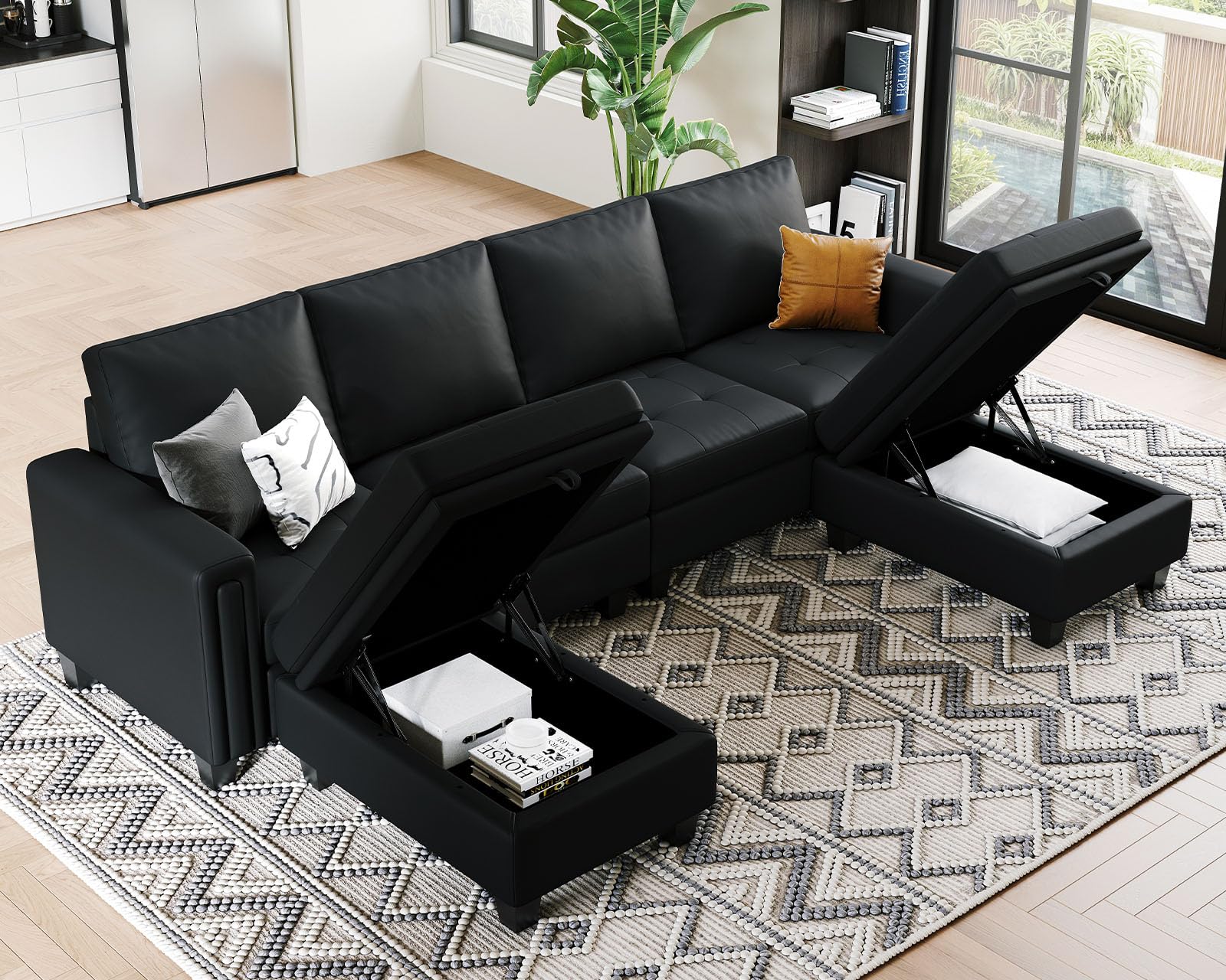 Belffin Faux Leather U Shaped Sectional Sofa Couch with Storage Ottoman Leather Convertibel Sectional Sofa with Reversible Chaises Black