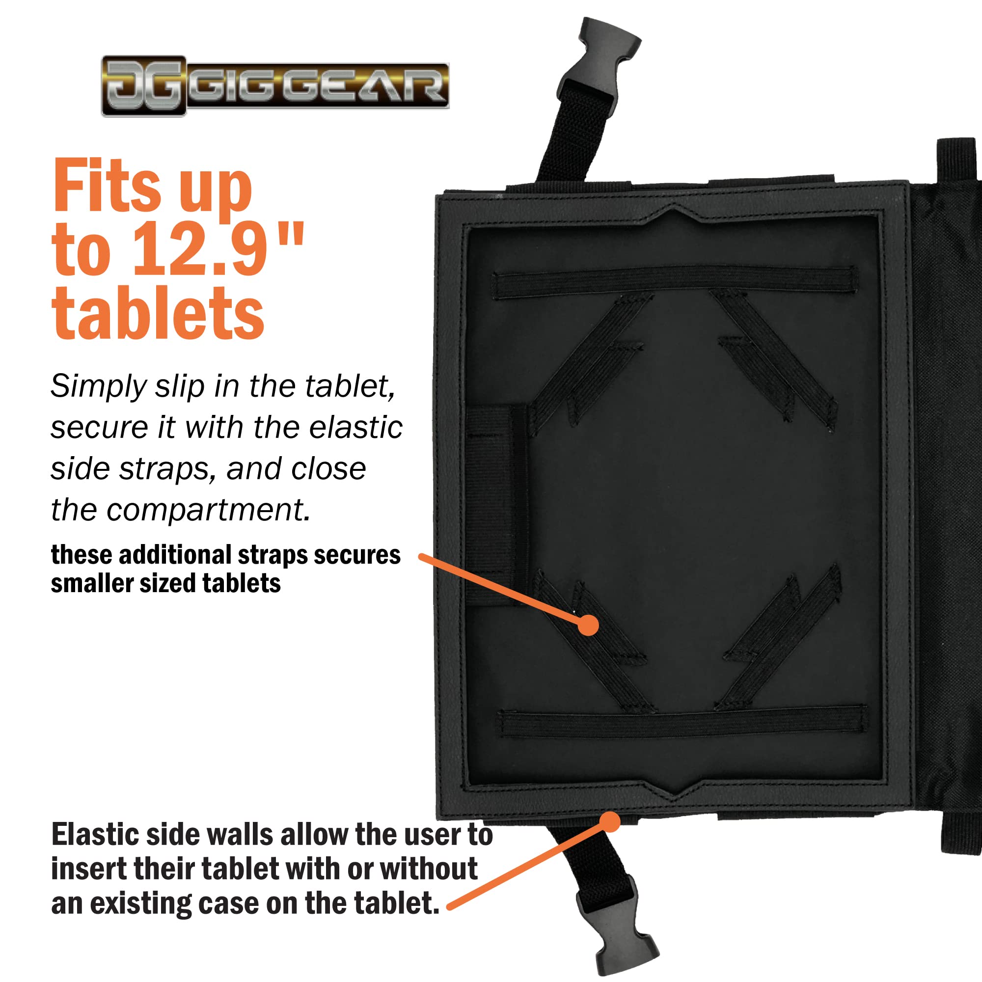 Gig Gear Two Hand Touch Tablet Chest Harness for iPad and Samsung Tablets - Rugged Tablet Carrying Case with Strap and Compartments - Heavy Duty iPad Chest Mount for 12.9 Inch Mobile Device (Black)