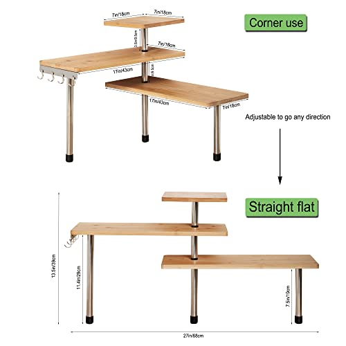 HAORUI 3 Tier Corner Shelf, Kitchen Countertop Organizer with Hooks, Desk Display Shelves, Adjustable Space Saving Spice Rack for Kitchen, Bedroom, Office