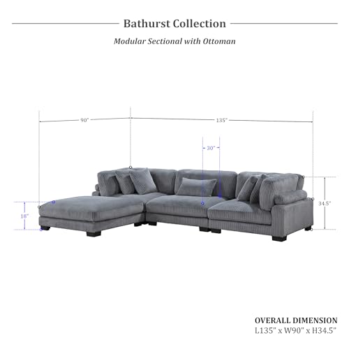 Lexicon Modular Sectional Sofa, Oversized Sectional Sofa, Corduroy Sectional Couch, Extra Large Sofa Set with 5 Matching Pillows, 4 Seater L Shape Sofa with Ottoman, Gray