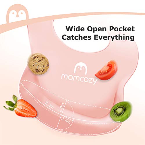 Momcozy Baby Silicone Bibs Easily Clean Set of 3, Soft Adjustable Toddler Silicone Bibs for Babies Girl and Boy, Waterproof, Pinkish Orange, Light Blue and Light Grey