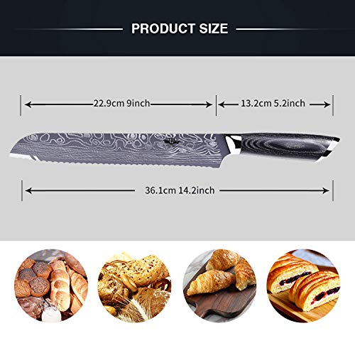 Kitchen Emperor Bread Knife, Serrated Knife 9 inch, Premium German High Carbon Stainless Steel Kitchen Knives with Comfortable Pakka wood Handle