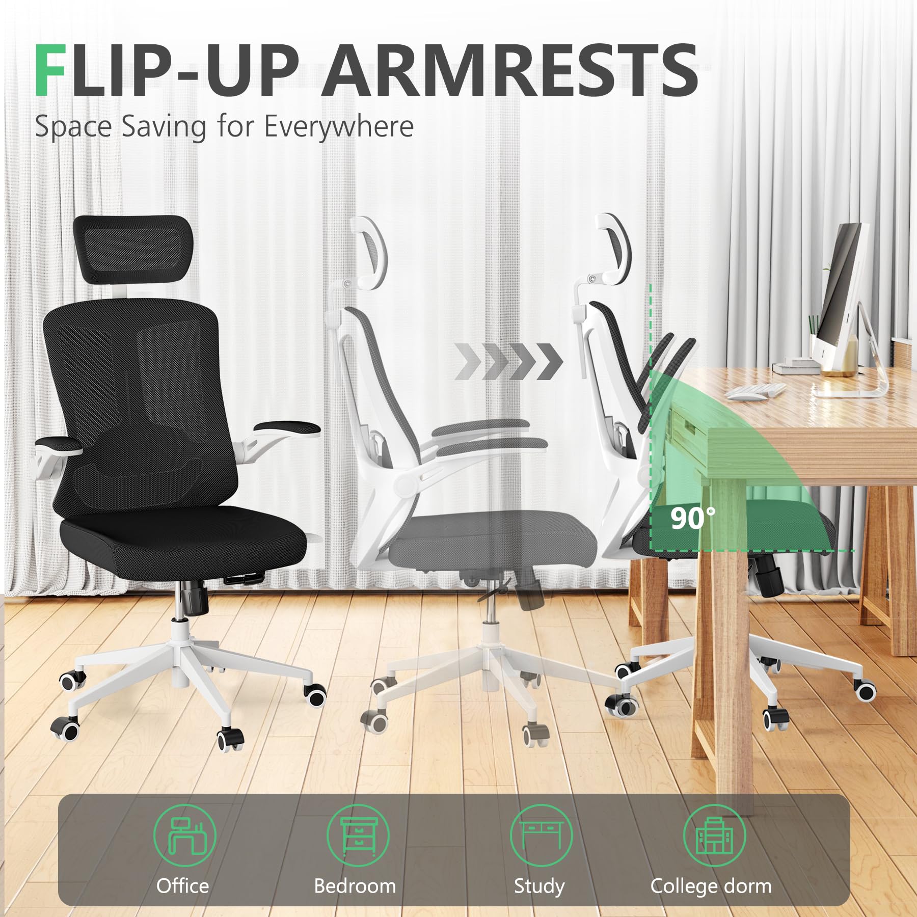 balmstar Desk Office Chair, Ergonomic Comfy Office Chairs, High Back Gaming Chair with Wheels, Home Mesh Computer Chair-350LBS Capacity, Lumbar Support, Adjustable Headrest, Flip-up Armres