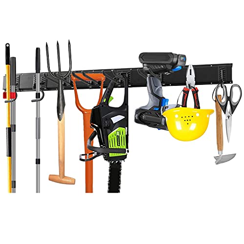 Garage Tool Organizer Wall Mount, 11 PCS Garden Tool Rack Garage Storage, 8 Heavy Duty Adjustable Hooks Steel and 3 Rails Aluminum, 450 LBS Max Load