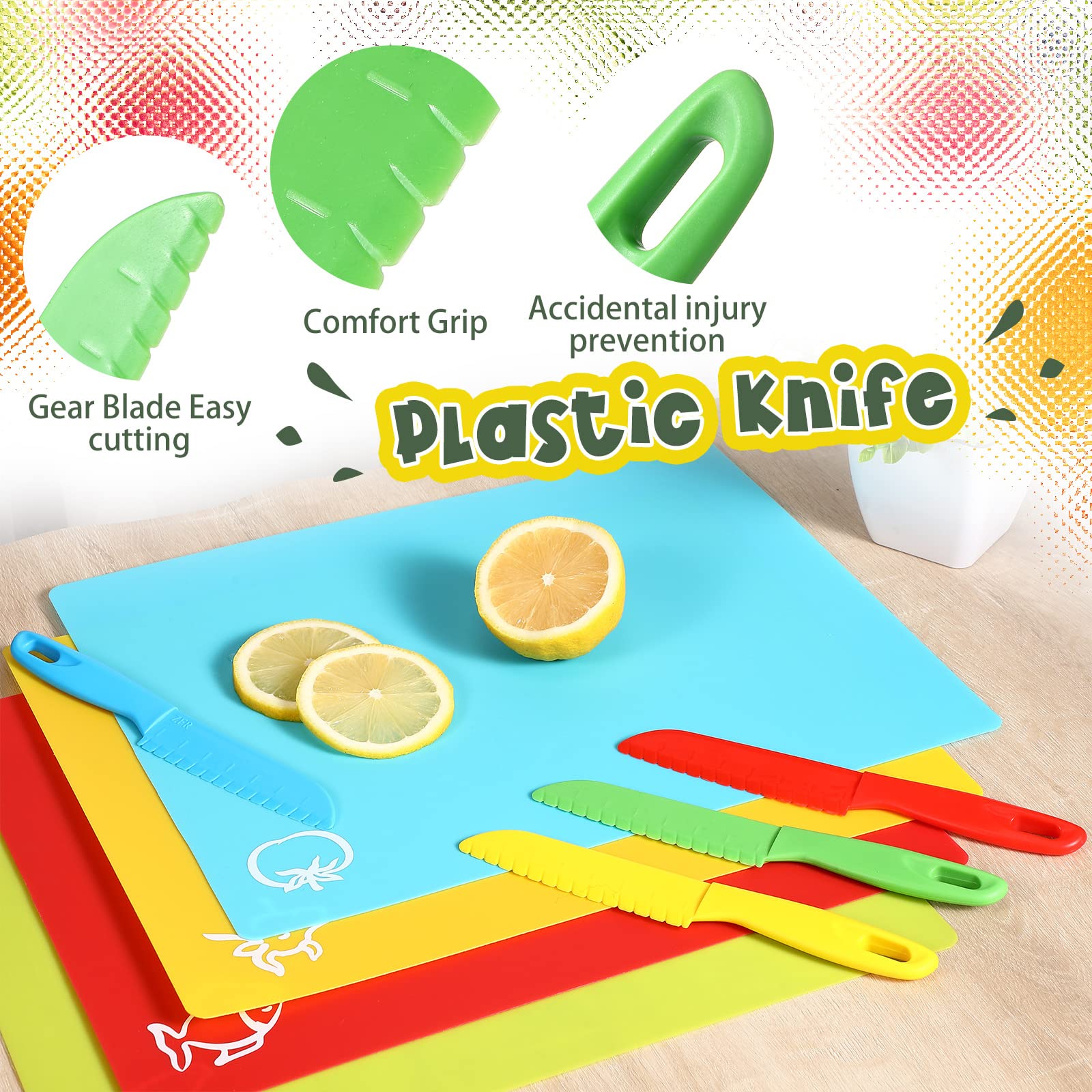 8 Pcs Kids Cutting Board and Knife Set 4 Pcs Colored Flexible Plastic Cutting Board Mats with Food Icons Slip Proof Chopping Board 4 Pcs Kid Plastic Kitchen Knife Set for Kids Safe Cooking Utensils