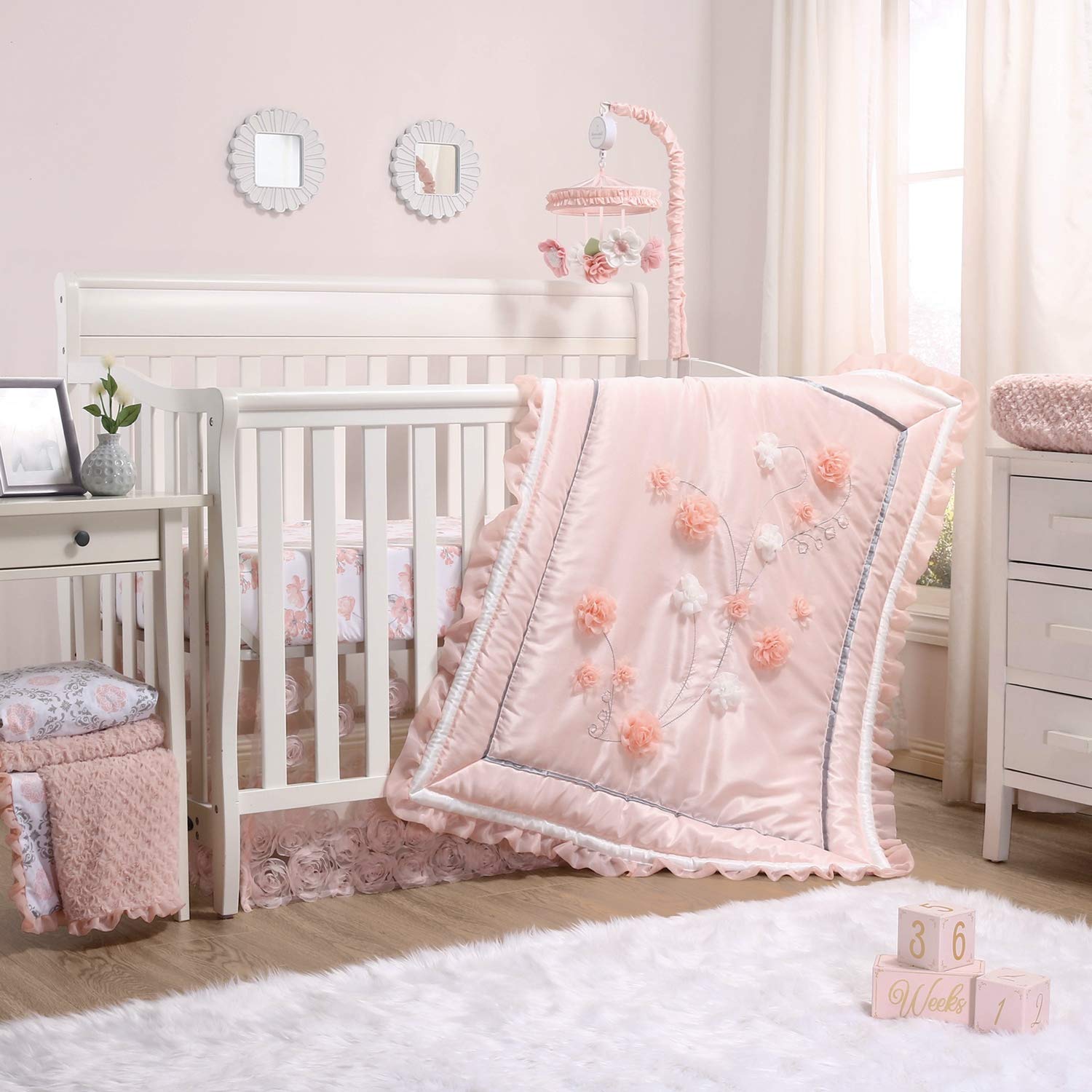 The Peanutshell Brianna Crib Bedding Set for Baby Girls | 3 Piece Pink Floral Nursery Set | Crib Quilt, Crib Sheet, & Dust Ruffle