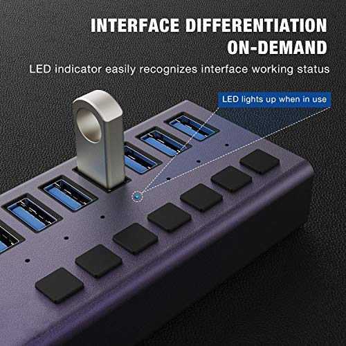 USB 3.0 Hub -7 Ports Powered USB Hub 36W USB Charging Hub with Individual On/Off Switches and 12V/3A Power Adapter and Light for PC, Laptop, Computer, Mobile HDD, Flash Drive and More(Purple)