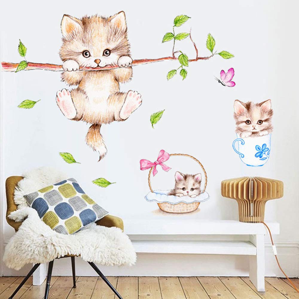 Kiddale Cute Cat Wall Decals,Removable Cat Tree Branches Butterfly Wall Stickers for Kids Rooms Nursery Playroom Home Decoration