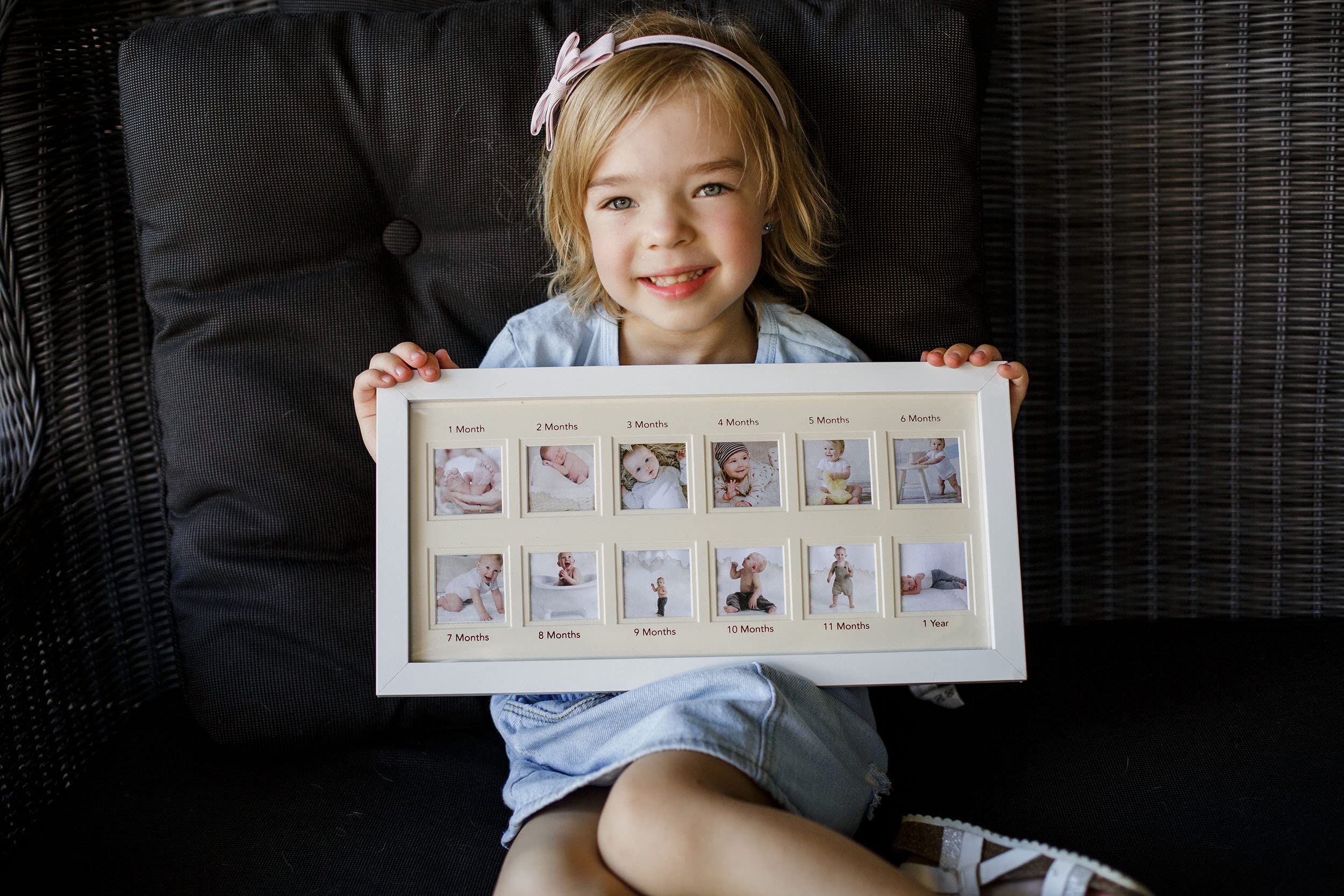 WOOD SIDE ORBIS First Year Newborn Baby Collage Keepsake Picture Frame for Photo Memories with Double Beige Mat and Twelve 2.5x2.5 Slots - White