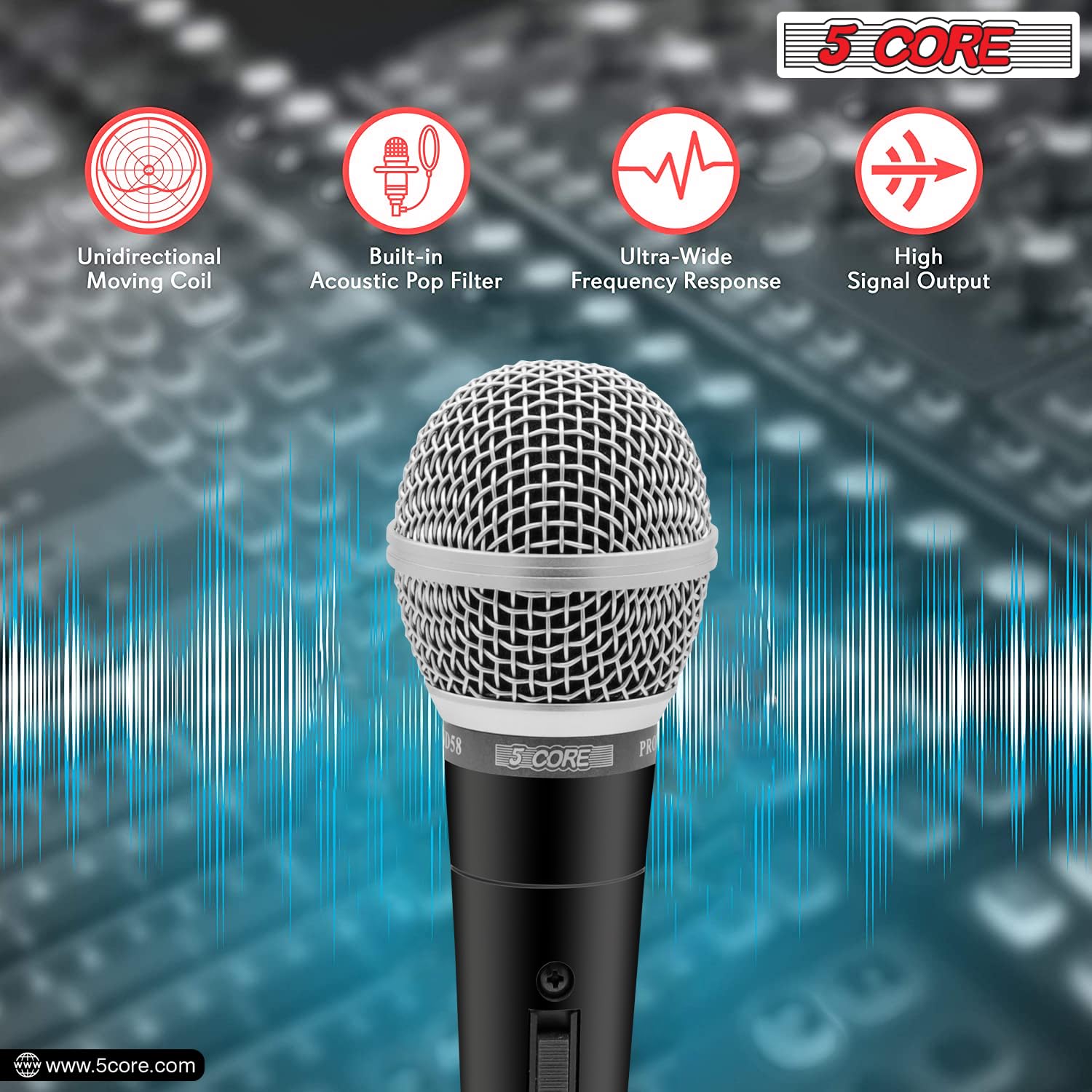 5 CORE Professional Dynamic Vocal Microphone Neodymium Cardioid Unidirectional Handheld Mic for Speakers, Karaoke W/Steel Mesh Grille, Metal Body ON/Off Switch w/16ft Detachable Cable+ Clip+ Bag