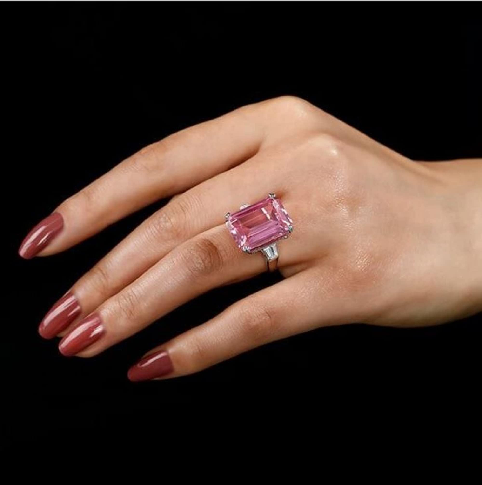 5 Ct Emerald Cut Created Pink Sapphire & Baguette Cut Created Diamond Three Stone Engagement Ring 14k White Gold Plated 925 Sterling Silver (5.5)