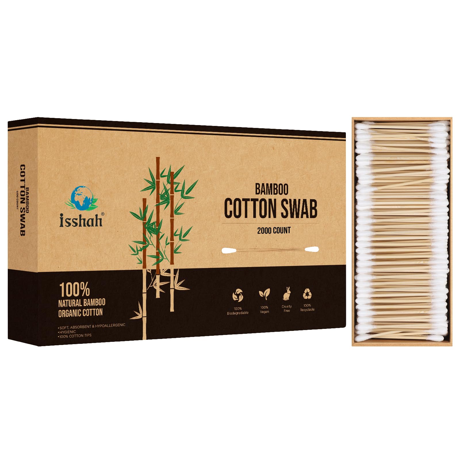 Bamboo Cotton Swabs - 2000 Count - FSC Certified and PETA Approved, Eco Friendly Double Tips, Plastic Free Ear Sticks, All Natural 100% Biodegradable Organic Cotton Buds by Isshah