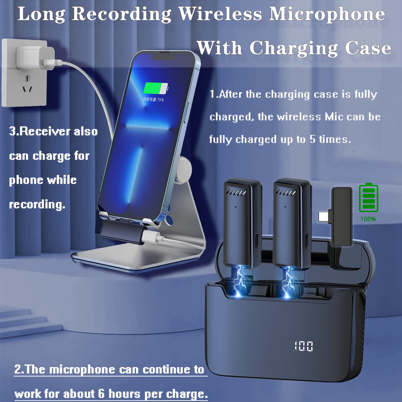 2 Pack Wireless Lavalier Microphone for iPhone iPad Android Professional Wireless Microphone with Charging Case for Video Recording Clip on Lapel Mic for iPhone Android Recording Vlog Livestream