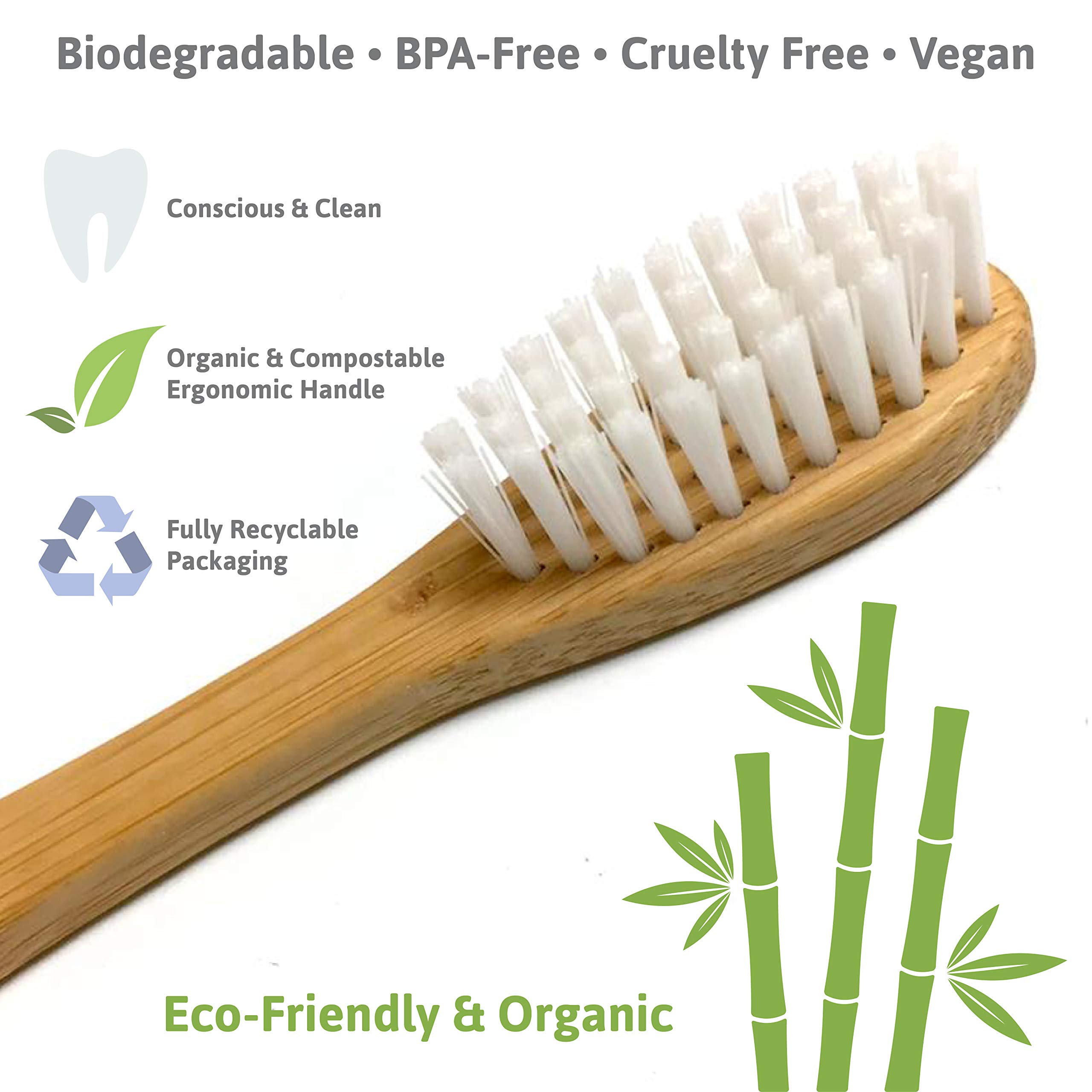 Eco-Friendly Natural Bamboo Toothbrush - Organic, BPA Free and Durable with Ergonomic Handle (4-Pack: Hard Nylon Bristles)