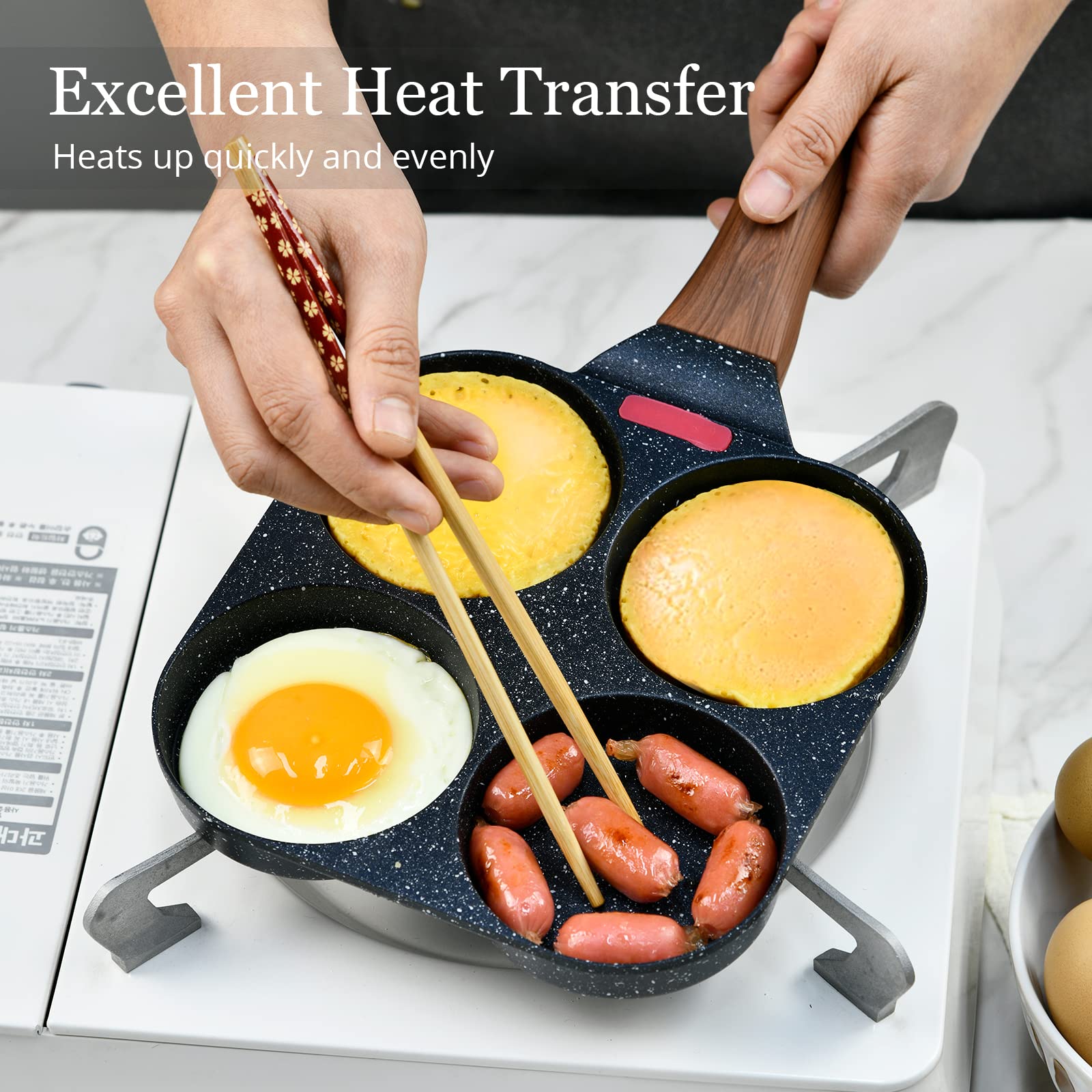 4-Cup Egg Pan Nonstick for Breakfast Brunch, Pancake Pan with Turner and Brush, Non Stick Egg Frying Pan, Granite Coating Mini Egg Cooker Pan, Small Egg Skillet Suitable For Gas Stove & Induction Top