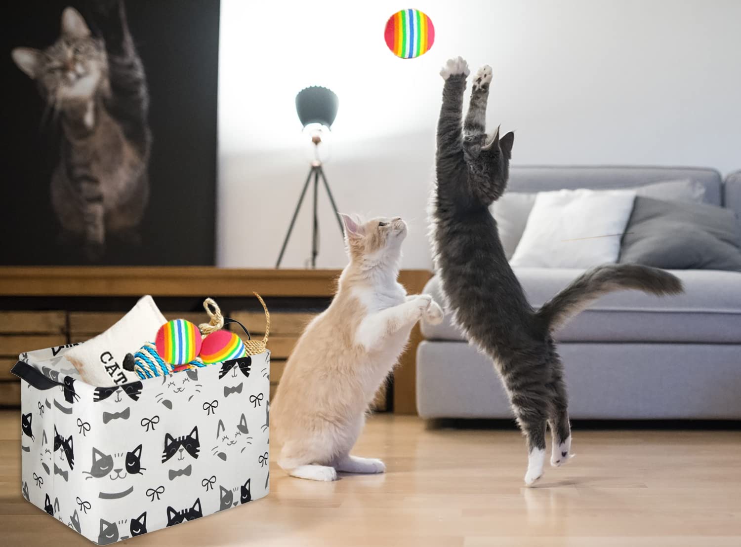 HIYAGON Cat Basket Cute Toy Storage Basket Bin Organizer Box Kids Gift Basket Empty Rectangular Cat Room Decor for Home Books(Bowknot Cats)