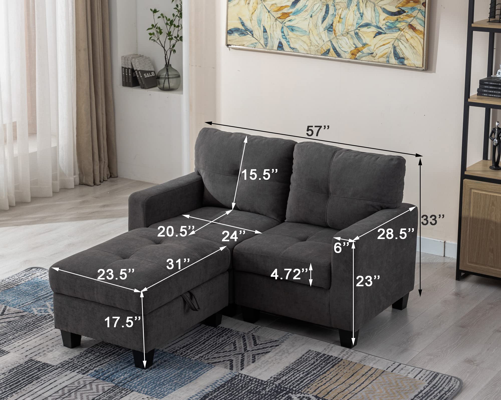 Aeffze Love Seat Sofa with Storage Ottoman Convertible Velvet 2 Seater Modular Sectional Modern Reversible Couch for Living Room Apartment Small Space (Dark Grey) (F8001-HOME)