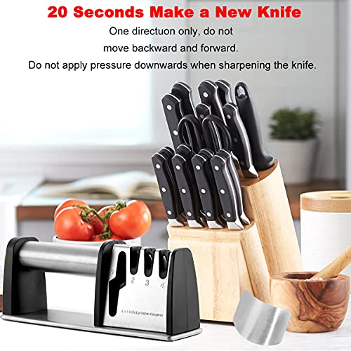 Knife Sharpeners, Best 4 in 1 Manual Kitchen Knives & Scissor Sharpeners, 4 - Stage Knife Sharpening System with Diamond Steel, Ceramic Stone, Ergonomic Design, Non-slip Base(Black)