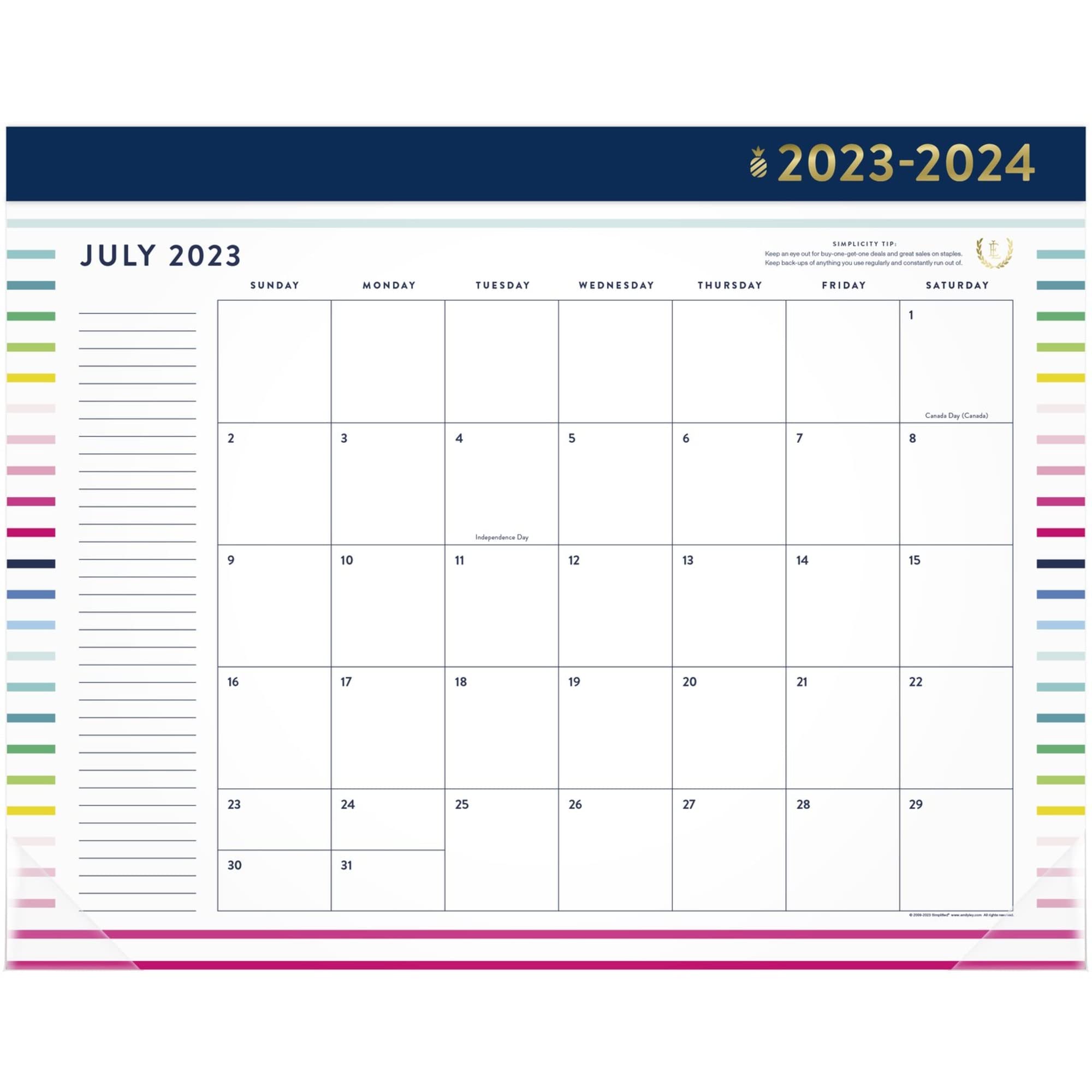 2023-2024 Simplified by Emily Ley for AT-A-GLANCEÂŽ Academic Monthly Desk Pad Calendar, Happy Stripe, 21-3/4" x 17", July 2023 To June 2024, EL10-704A