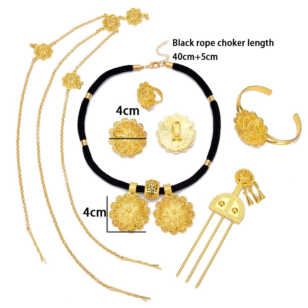 24K Gold Plated/Silver New Black Rope Choker Ethiopian Wedding Head Jewelry Sets for Women (gold)