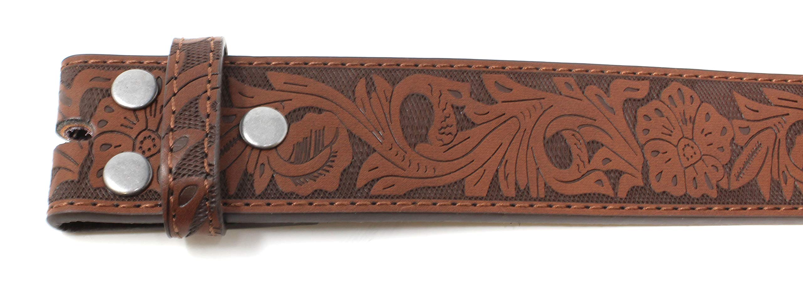 BC Belts Womens Leather Belt Strap with Embossed Western Flowers Pattern 1.5" Wide with Snaps (Brown-S)
