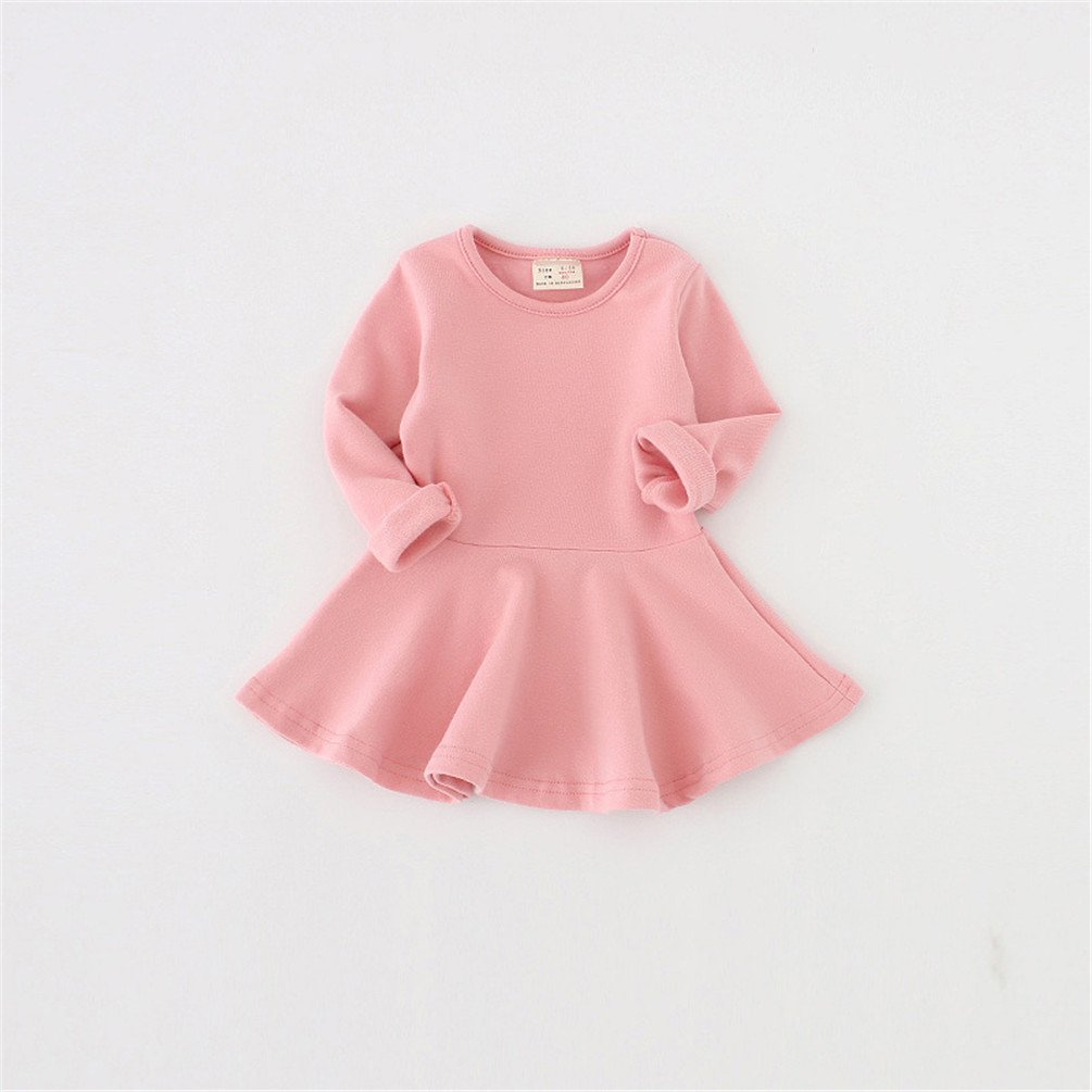 Csbks Toddler Baby Girls Long Sleeve Cotton Dress Solid Ruffle Tops 2T Pink