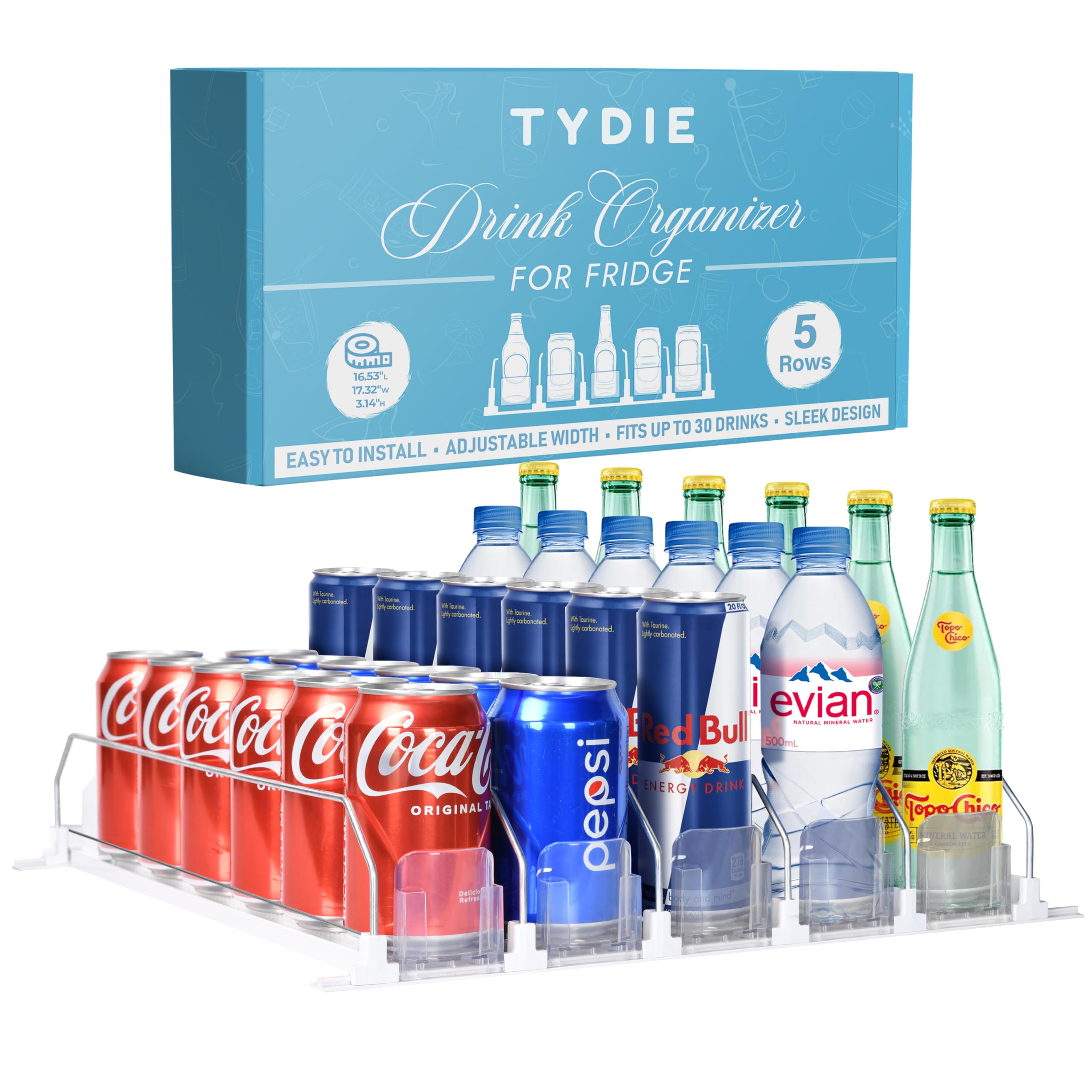Drink Organizer For Fridge - Fridge Organizers Self Pushing Drink Dispenser, Drink Dispenser for Fridge w/Smooth Spring & Conveyor Belt, Adjustable 6 Can & Can Organizer for Refrigerator, 17.3"D