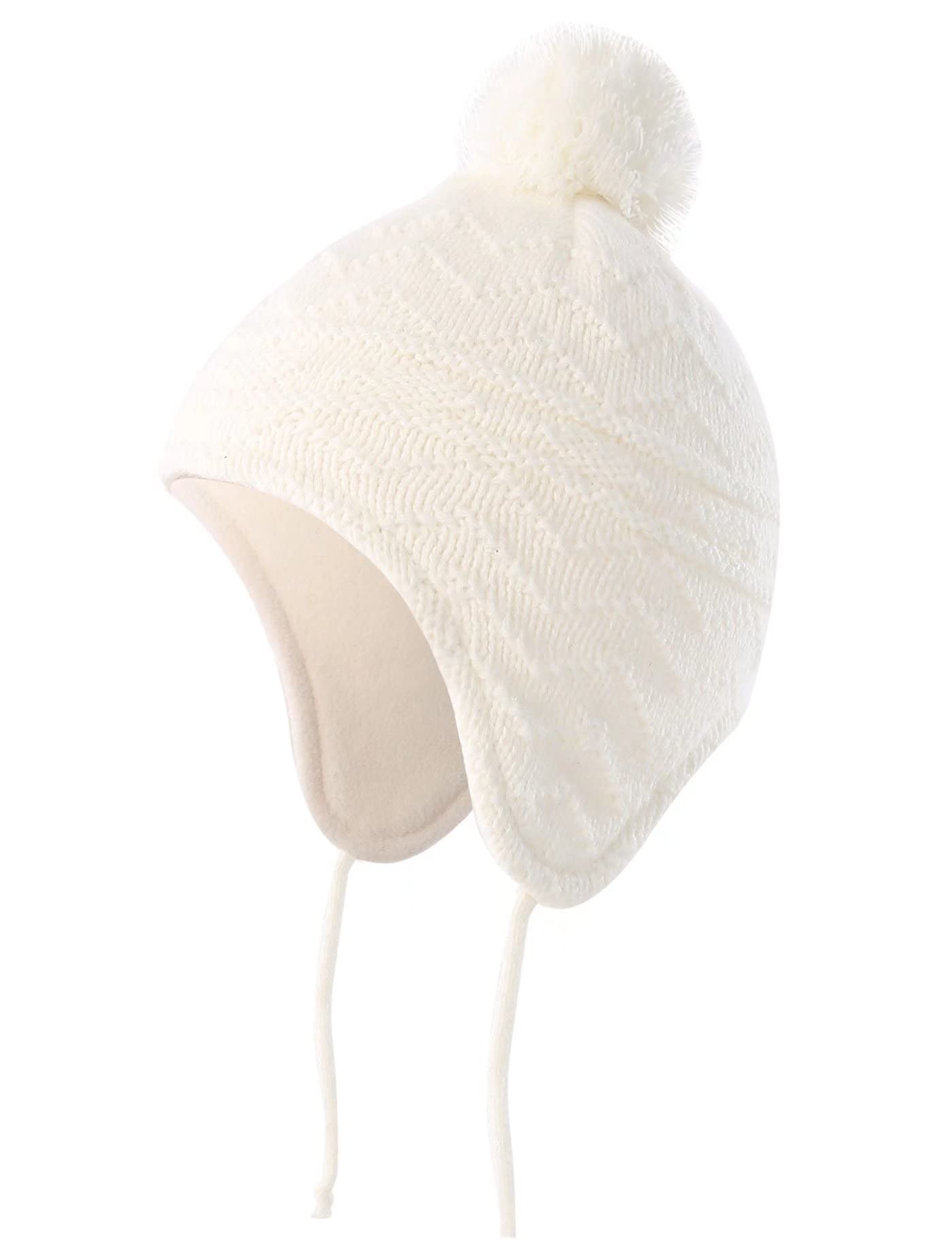 Connectyle Toddler Boys Beanies with Ear Flaps Kids Pompom Beanie Hat Fleece Lined Knit Winter Skull Caps M White