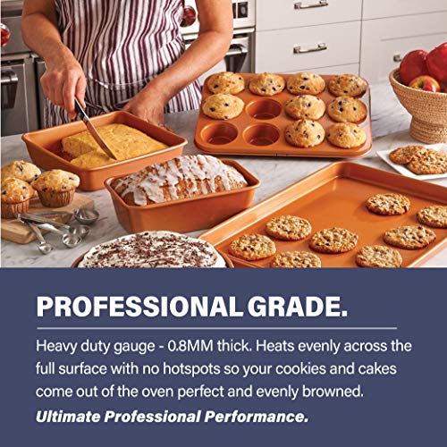 Gotham Steel Non Stick Ceramic Bakeware Set, 5 Piece No Warp & Dishwasher Safe Baking Set, Baking Pans Set with Round & Square Baking Pan, Muffin Pan, Loaf Pan & Baking Sheet for oven, 100% PFOA Free