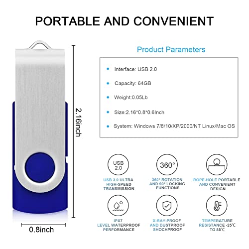 64GB USB Flash Drive , Waterproof Thumb Drive, USB Flash Stick 64GB, Memory USB Stick 64GB Data Storage for PC/Tablet/Mac/Laptop…