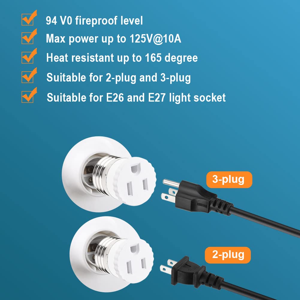 2 Pack, Light Socket to Plug Adapter, Light Bulb Socket Convert to Outlet Adapter (Black).