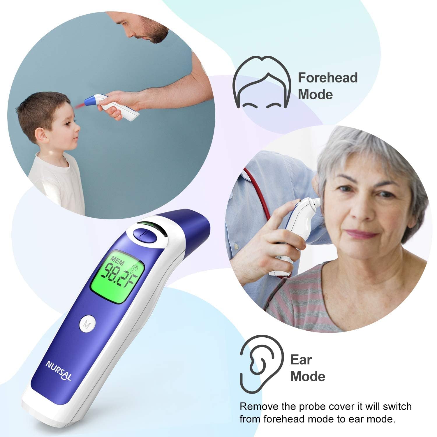 Digital Forehead Ear Thermometer for Adults and Baby, NURSAL Touchless Thermometer for Home with Fever Alarm, Infrared Thermometer with Data Memory, Battery Included