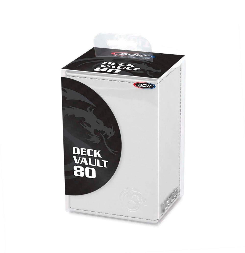 BCW Deck Vault LX 80 | White Faux Leather Trading Card Storage Box | Holds 80+ Sleeved Cards | Flip-Open Design with Magnetic Closure | Includes Inner Deck Box & Dice Tray
