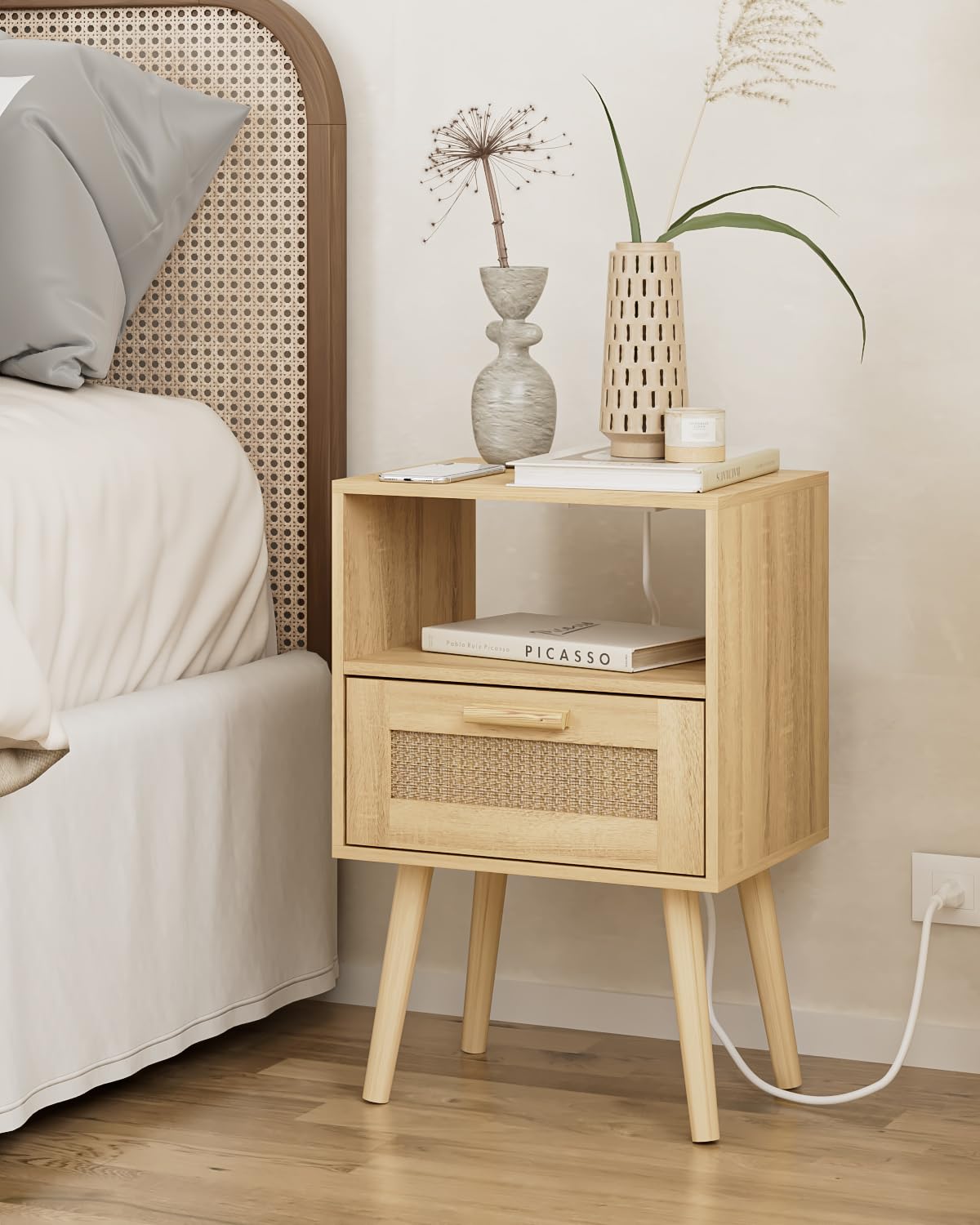 AEPOALUA Nightstands with Charging Station, End Table, Rattan Nightstand, Side Table with Hand Made Rattan Decorated Drawers, Wood Accent Table with Storage for Bedroom