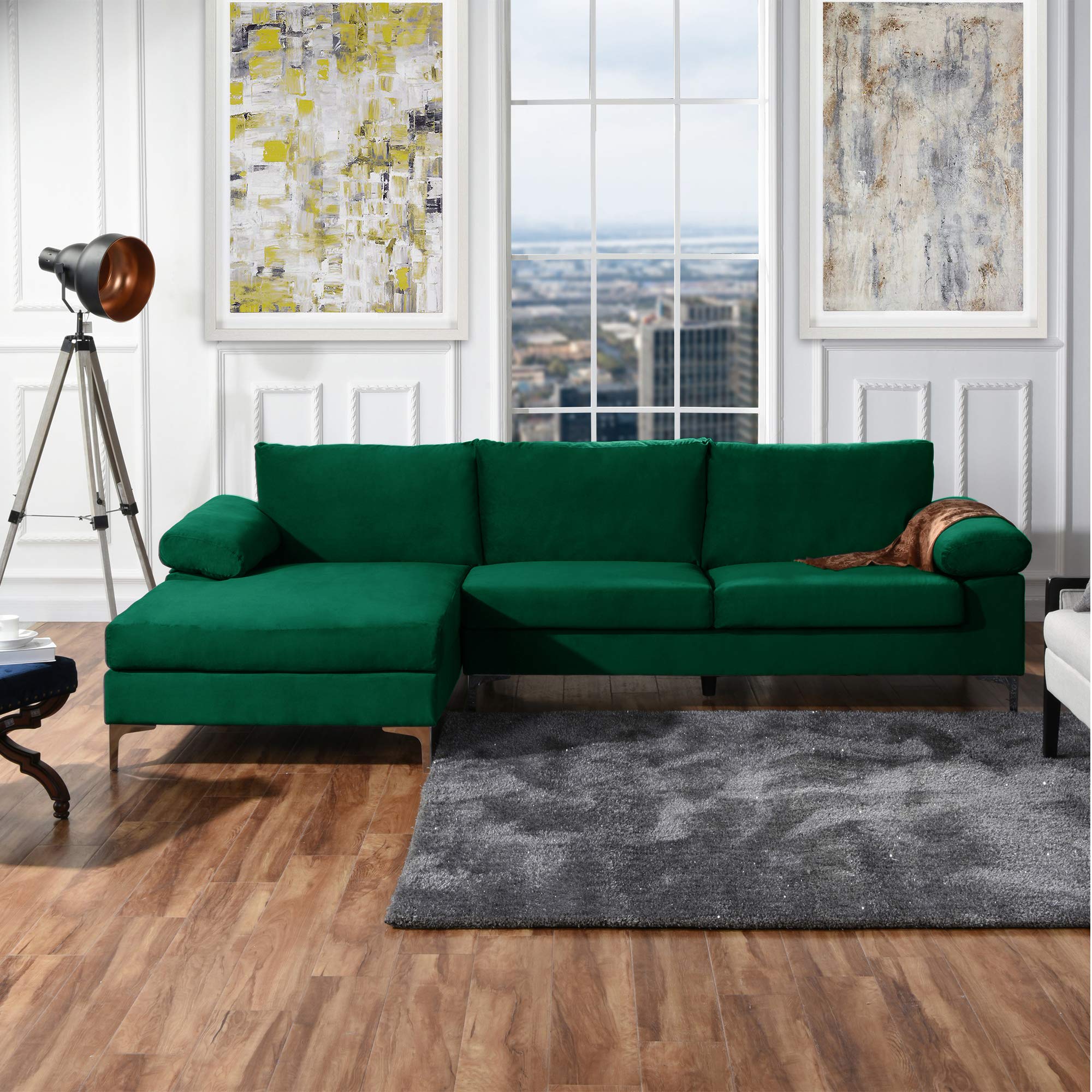 Casa Andrea Milano Modern Sectional Sofa L Shaped Velvet Couch, with Extra Wide Chaise Lounge