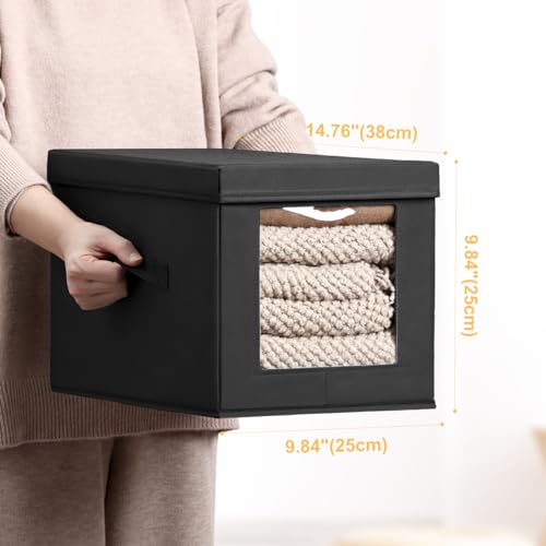 DIMJ Closet Storage Bins With Lids, Fabric Storage Boxes With Lids, Foldable Storage Cubes With Window, Decorative Fabric Storage Bins for Clothes Towel Books,4 Pack Black