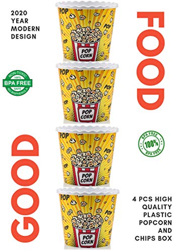 ONONEXPRESS Modern Style Reusable Plastic Popcorn Box/Popcorn Containers/Popcorn Bowls Set for Movie Theater Night - (BPA Free - YELLOW 4 Pack-75 oz)
