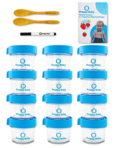 PreppyBaby 4 oz Glass Baby Food Storage Containers with Lids - Pack of 12 Reusable Dishwasher & Microwave Safe Food Jars w/ 2 Bamboo Infant Spoons, Recipe Booklet & Non-Toxic Easy Erase Marker (Blue)