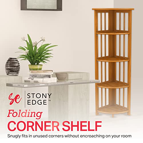 Stony Edge Folding Corner Shelf Easy Assembly - 51βx12.5βx12.5β 5 Tiers - Perfect Wooden Corner Bookshelf Organizer for Books and Decorative Items. (Honey Oak)