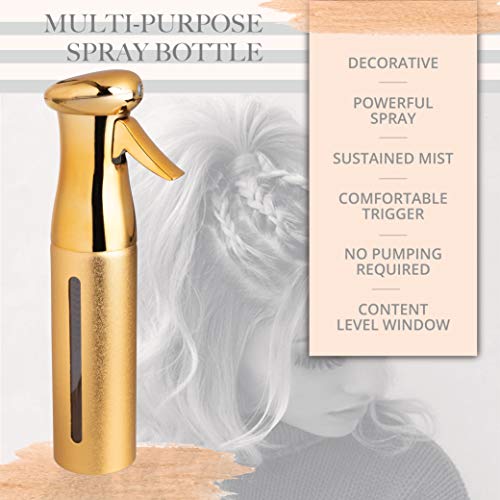 Salon Style Hair Spray Bottle (10oz) Patent β 360 Ultra Fine Water - Continuous Aerosol Free Trigger Mist Sprayer Bottle by Beautify Beauties (Gold)
