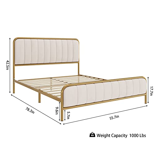 HITHOS Full Size Bed Frame, Upholstered Bed Frame with Button Tufted Headboard, Heavy Duty Metal Mattress Foundation with Wooden Slats, Easy Assembly, No Box Spring Needed (Golden/Off White, Full)