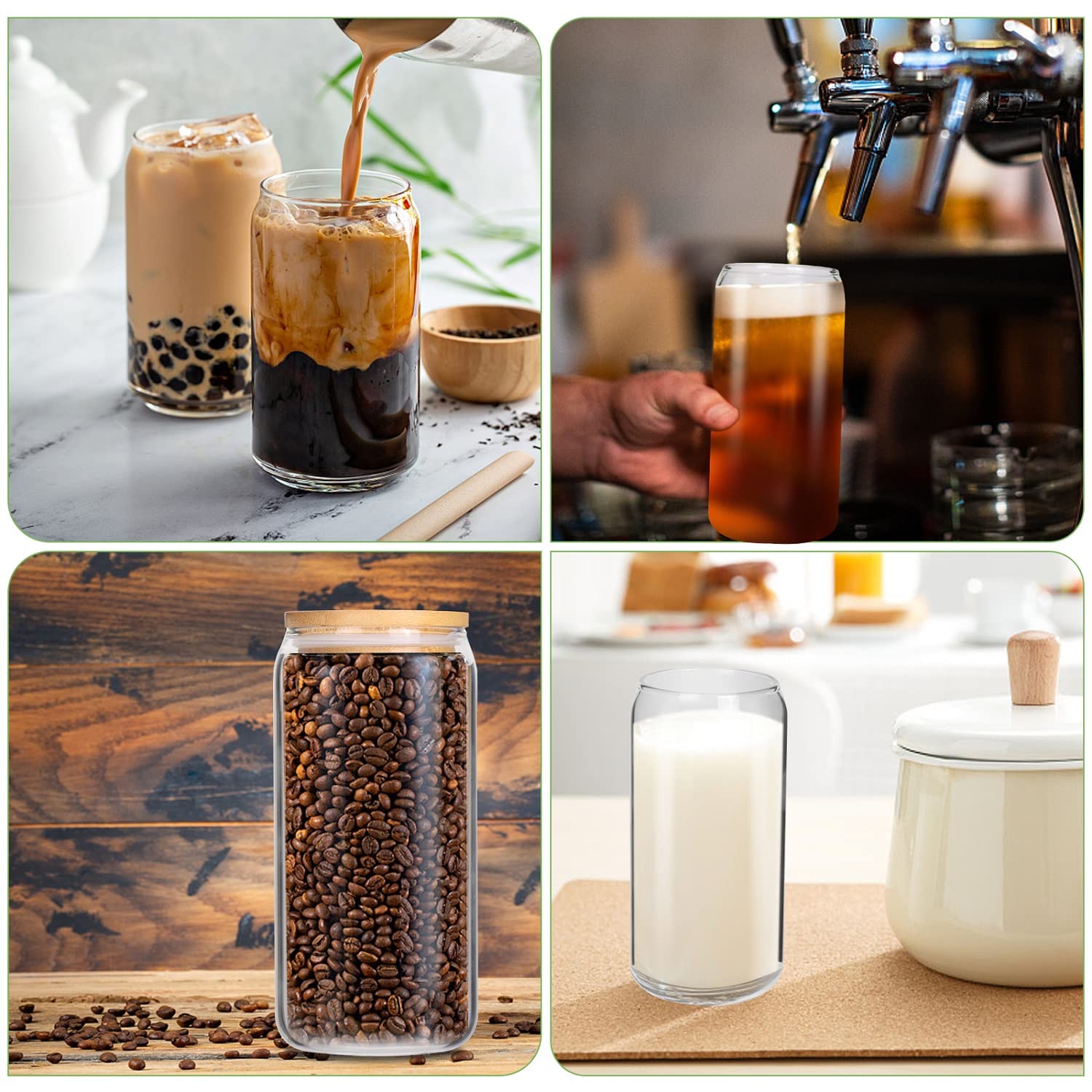 2Pack 16OZ Glass Cups with Lids and Straws ,Smoothie Cup Glass Tumbler with Straw and Lid,Iced Coffee Cup with Lids and Glass Straws ,for Coffee Bar Accessories,Juice, Boba, Smoothie, Tea, Kombucha