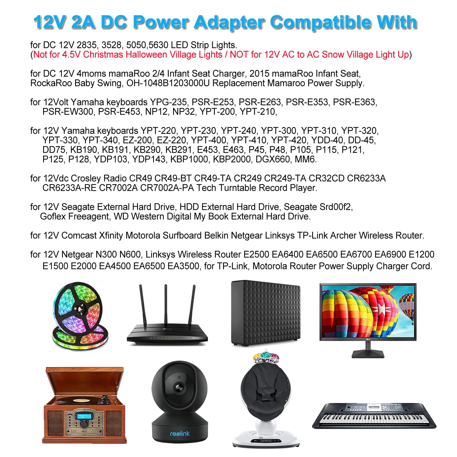 TKDY 12V 2A DC Power Supply AC Adapter Cord with Switch, 100-240Vac to DC 12 Volt 2 Amps 24W Transformer, for DC12V Yamaha Keyboard 12Vdc Record Player Massager LED Strip Lights Router Soundbar.